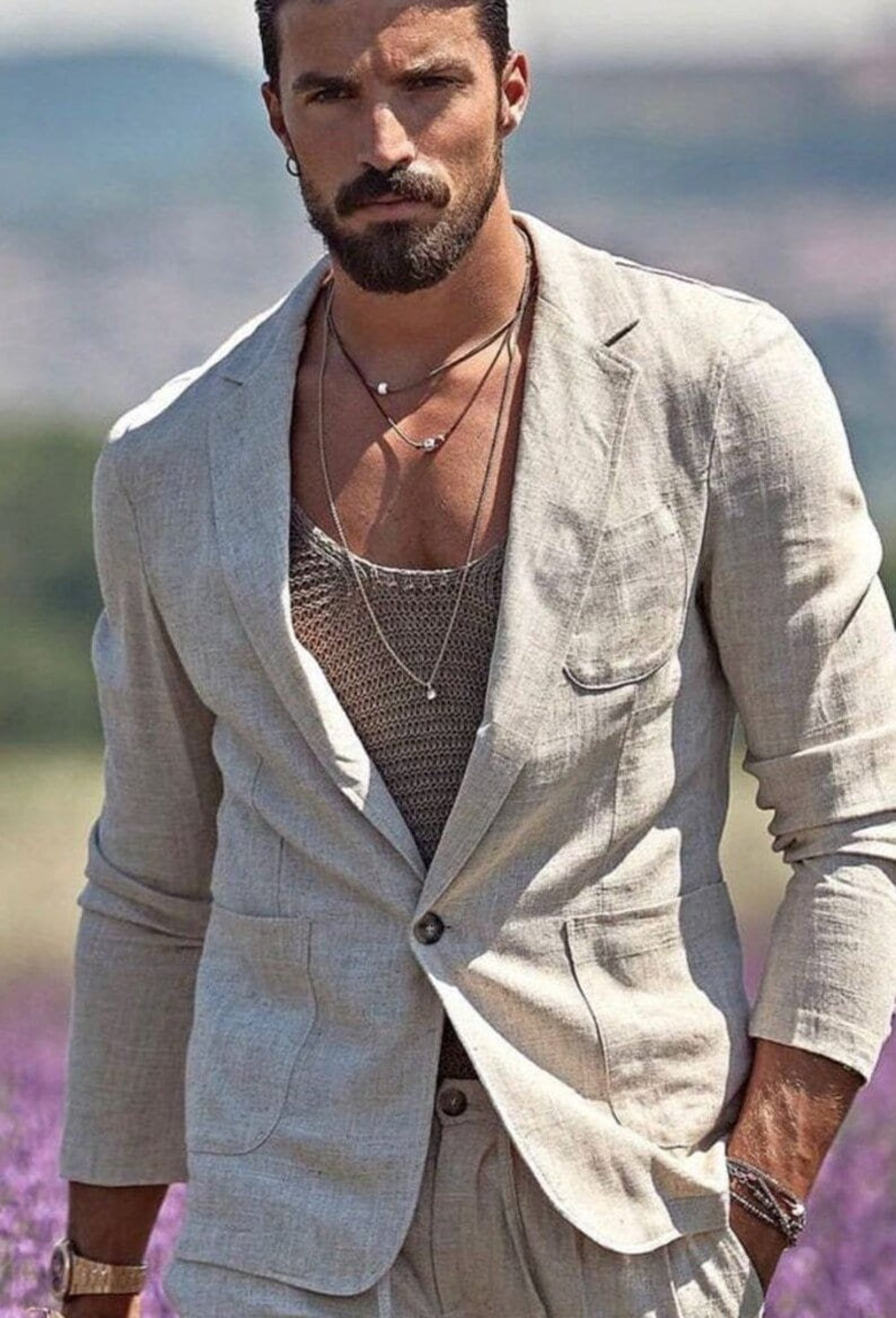 Men Linen Suits Men Beige Linen 2 Piece Formal Suit 1 Button Custom ...