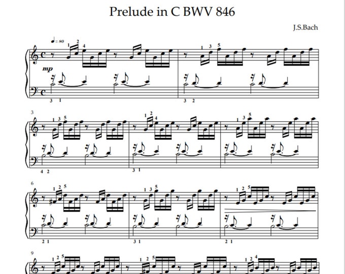 Prelude in C BWV 846 - J.S. Bach, Piano Sheet Music (instant PDF Download) - Etsy
