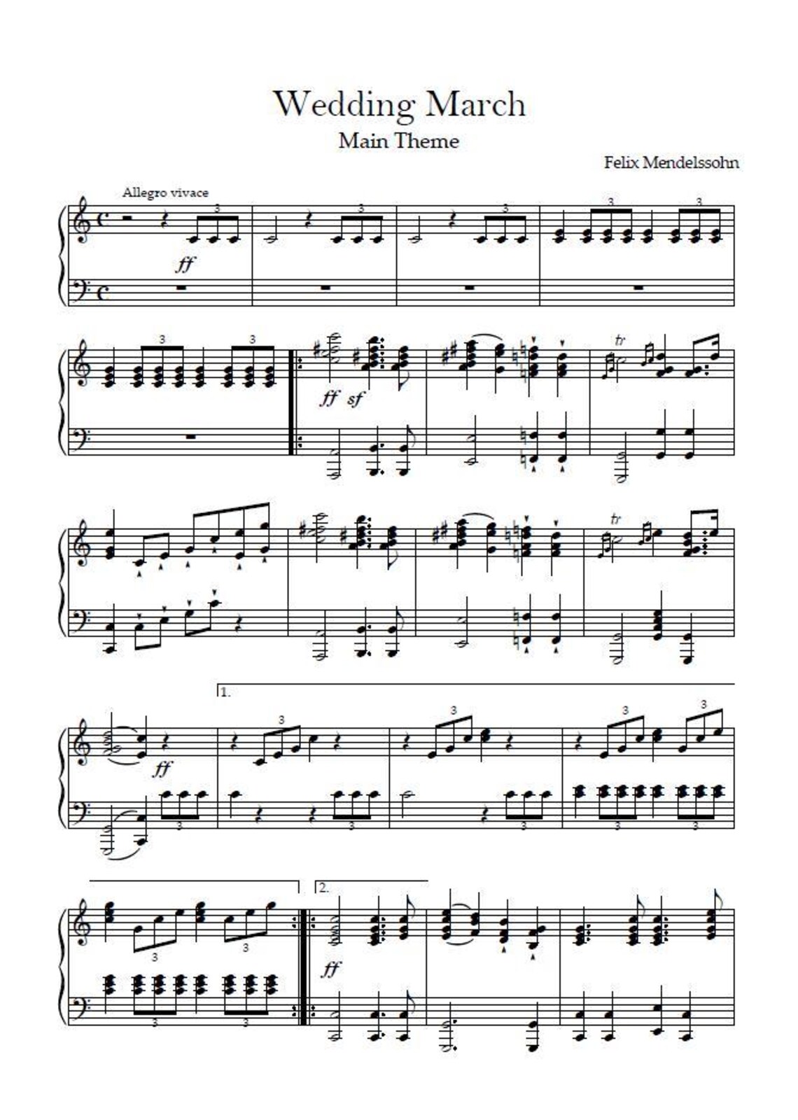 Wedding March – Main Theme | Sheet Music PDF | Digital Download - Etsy