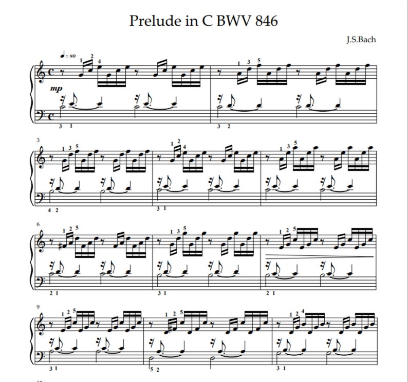 Prelude in C BWV 846 - J.S. Bach, Piano Sheet Music (instant PDF Download) - Etsy