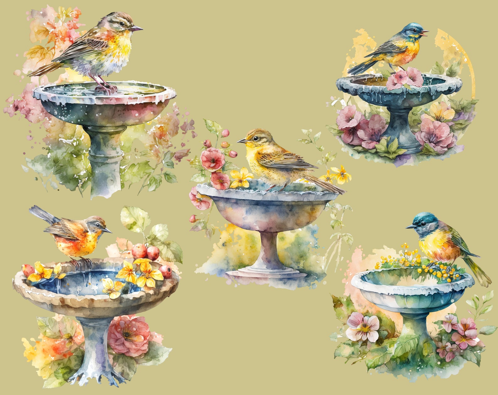 Spring Bird Clipart Floral Clip Art Birdbaths Clipart Png. - Etsy