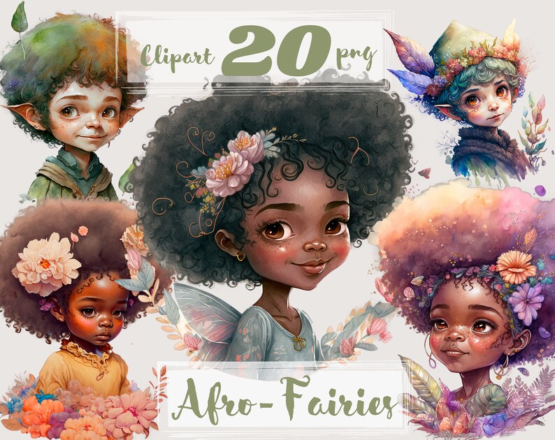 Afro Fairy Clipart Elf Clip Art Png. Digital Watercolor. - Etsy Australia