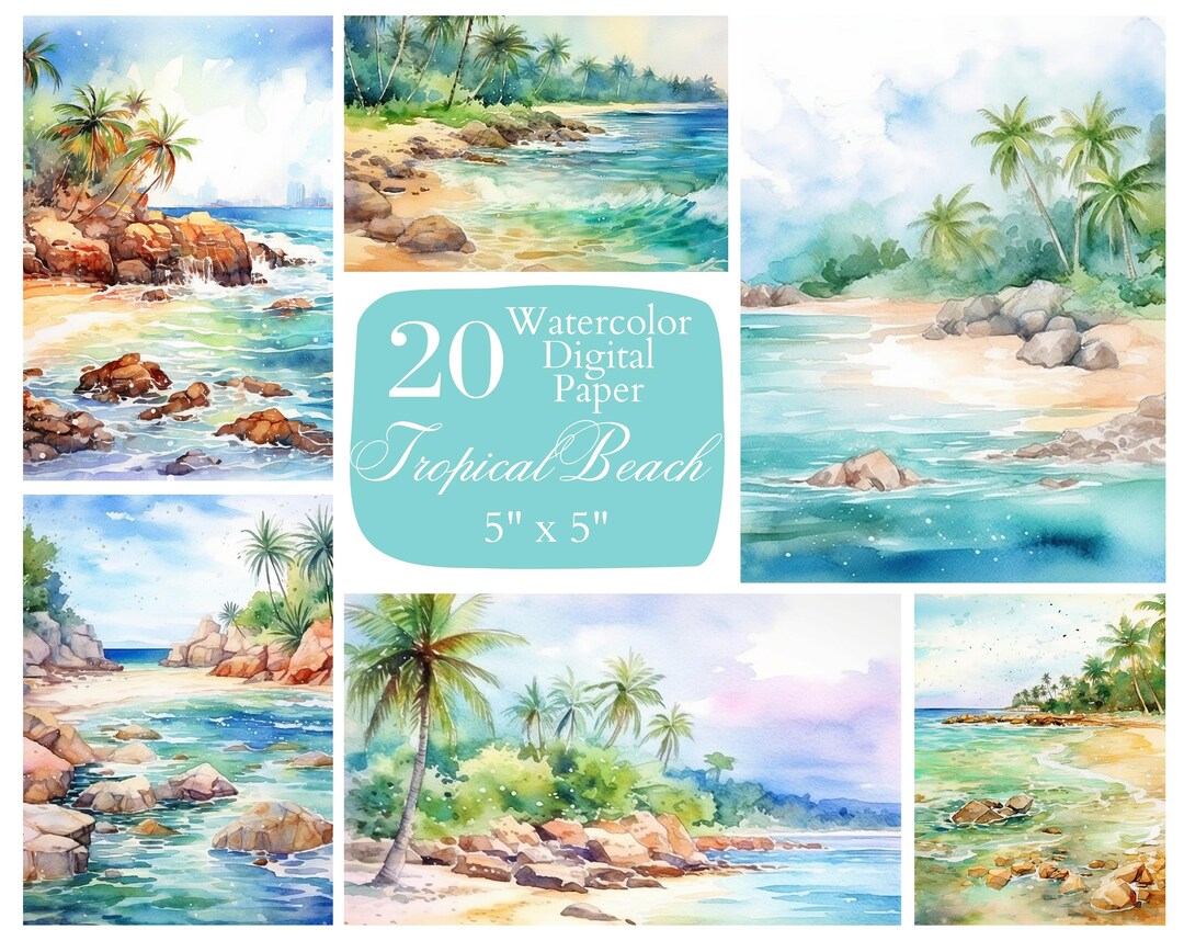 Beach Digital Paper, Tropical Digital Paper. Watercolor Scrapbook Paper ...