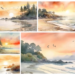 Beach Digital Paper, Sunrise Digital Paper. Watercolor Scrapbook Paper ...