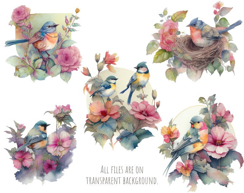 Spring Bird Clipart Floral Clip Art Png. Digital Watercolor. - Etsy
