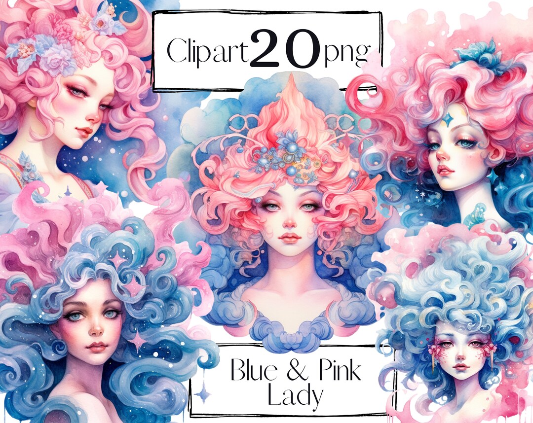 Pink and Blue Lady Clipart, Woman Clipart, Celestial Clipart, Queen ...