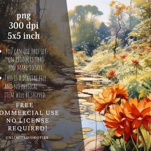 Autumn Lake Digital Paper, Fall Landscape, Pattern. Watercolor Digital ...