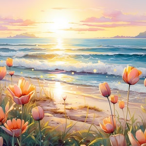 Beach Digital Paper, Sunrise Digital Paper. Watercolor Scrapbook Paper ...