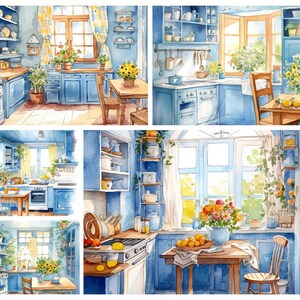 Kitchen Digital Paper, Blue Interior. Watercolor Scrapbook Paper for ...