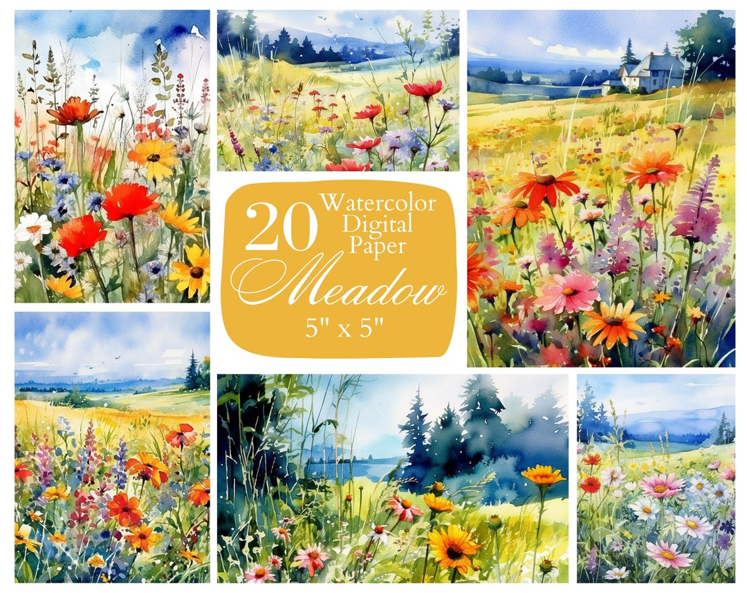 Meadow Digital Paper, Field, Wild Flowers. Watercolor Scrapbook Paper ...