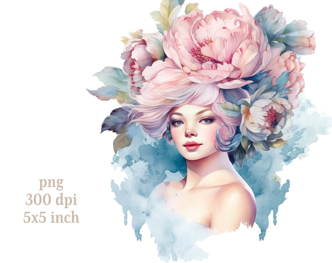 Pink & Blue Peonies Watercolor Clipart, Floral PNG Bundle (digital ...