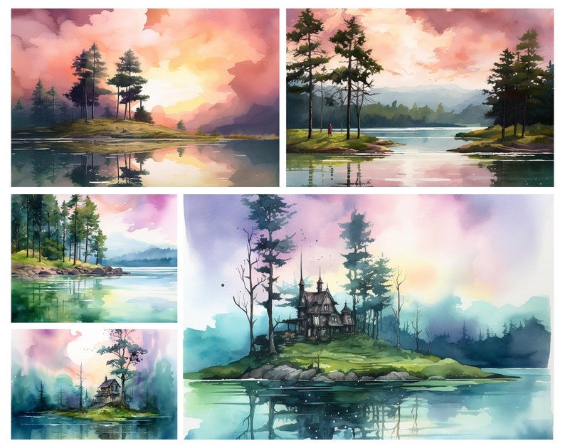 Watercolor Lake Digital Paper, Landscape Scrapbook Paper (digital ...