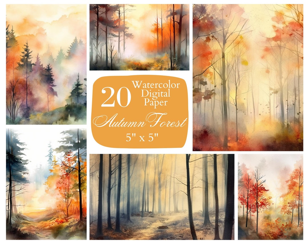 Autumn Forest Digital Paper, Foggy Fall Wood, Pattern. Watercolor ...