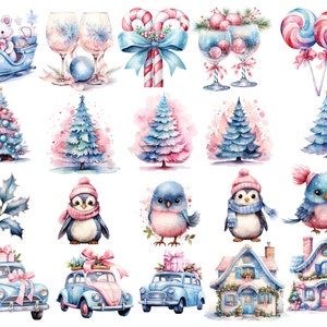 Pink Blue Christmas Clipart. Santa Claus, Present, Gift, Elf, Snow ...
