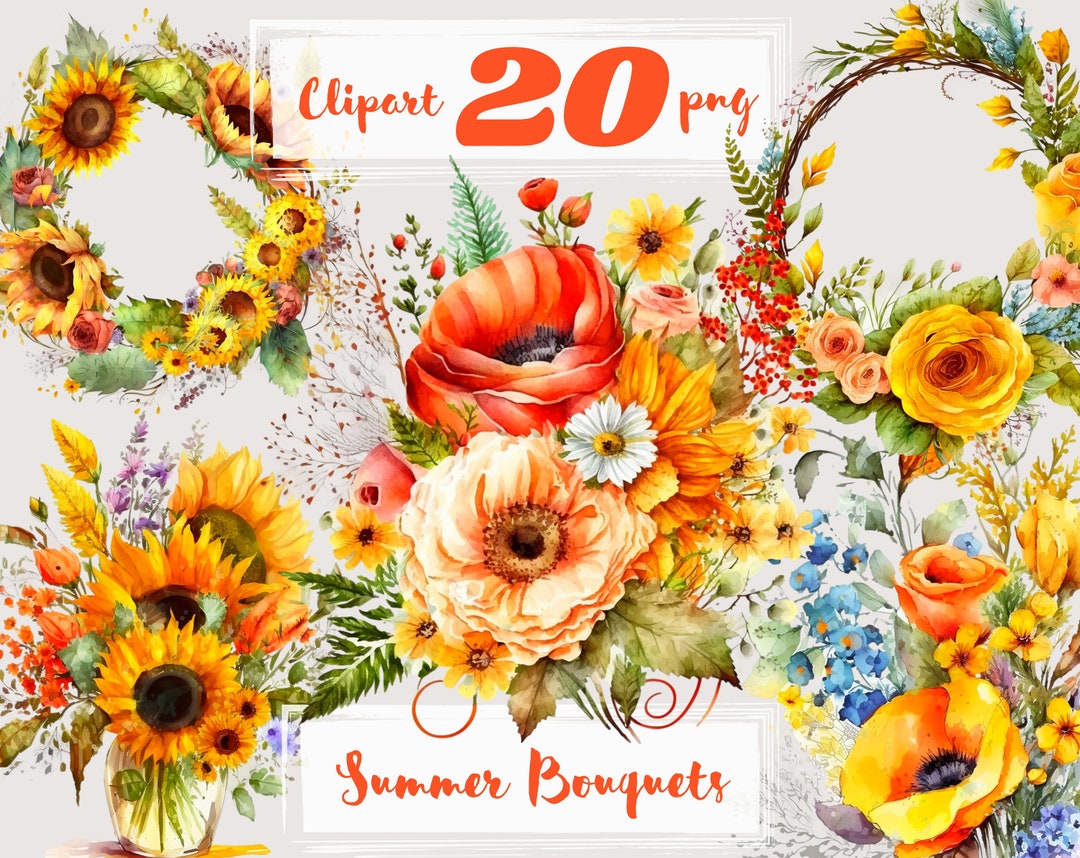 Summer Bouquets Clipart. Floral Clipart, Wreath Clip Art, Boho Bouquets ...