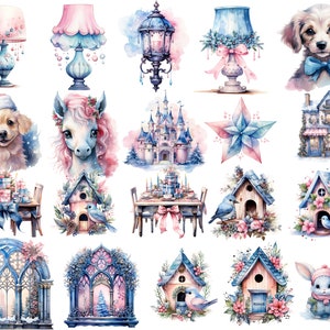 Pink Blue Christmas Clipart. Santa Claus, Present, Gift, Elf, Snow ...