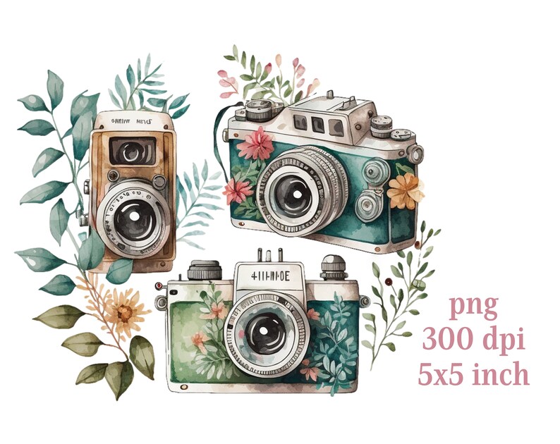 Watercolor Retro Cameras Clipart. Vintage Clipart, Retro Clip Art, Boho ...