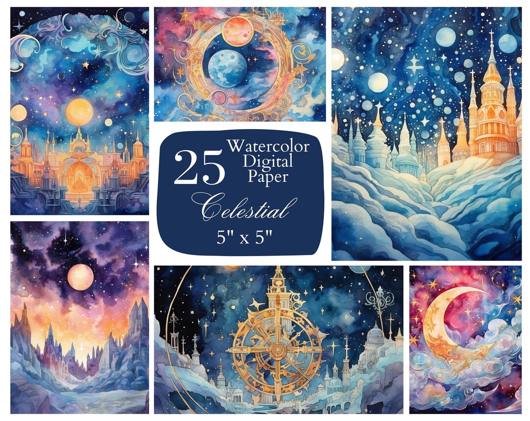 Celestial Digital Paper, Star Digital Paper. Watercolor Scrapbook Paper ...
