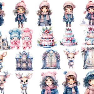 Pink Blue Christmas Clipart. Santa Claus, Present, Gift, Elf, Snow ...