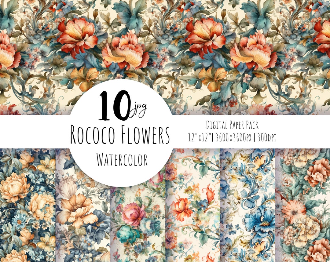 Floral Rococo Digital Paper, Flower Digital Paper, Seamless Pattern ...