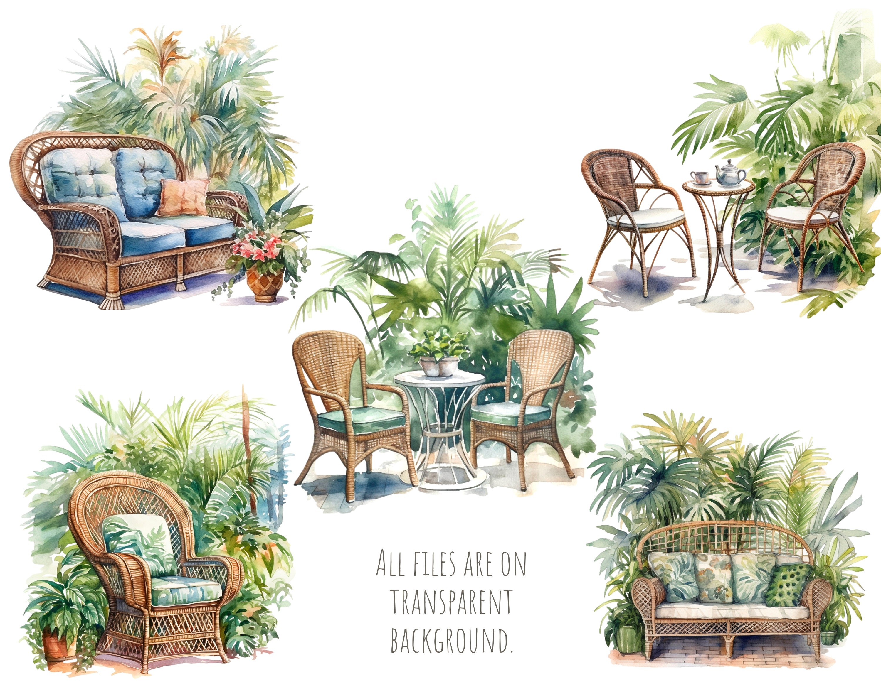 Tropical Garden Clipart, Wicker, Picnic Clip Art, Png. Digital ...