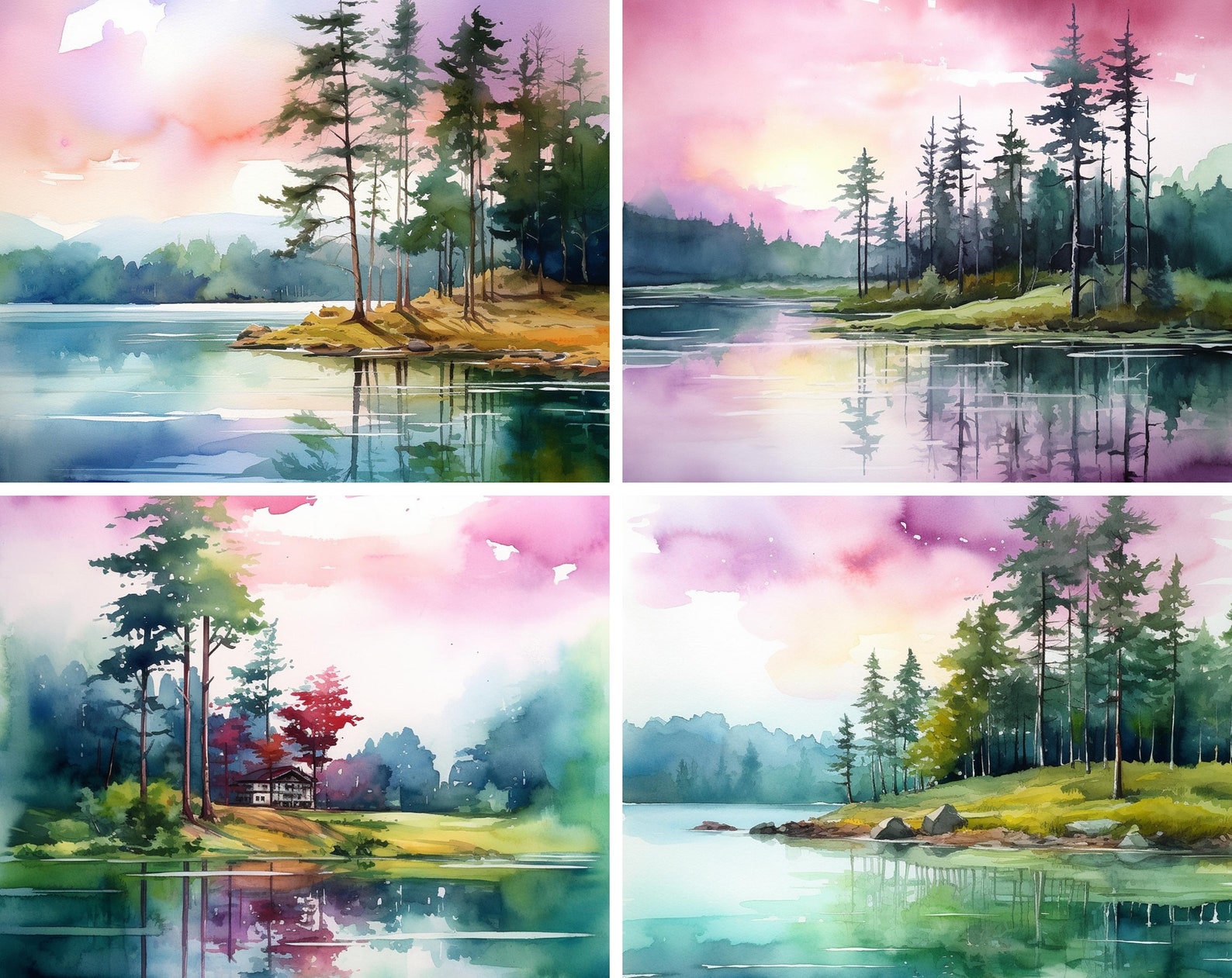 Watercolor Lake Digital Paper, Landscape Scrapbook Paper (digital ...