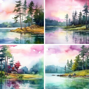 Lake Digital Paper, Landscape Digital Paper. Watercolor Scrapbook Paper ...