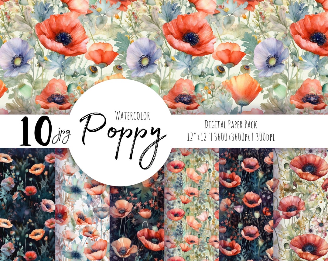 Poppy Digital Paper, Floral Digital Paper, Seamless Pattern, Flower ...