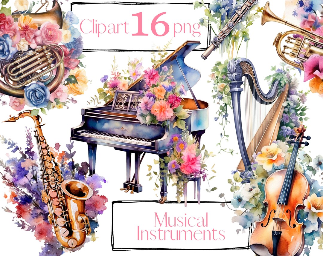Floral Musical Instruments Clipart, Music Clipart. Vintage Clipart ...