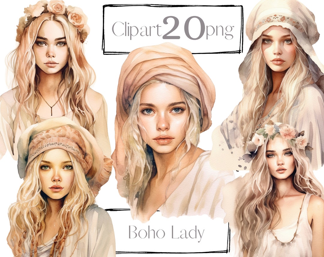 Boho Lady Clipart, Boho Woman Clipart, Girl's Birthday, Vintage Clipart ...