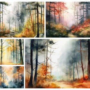 Autumn Forest Digital Paper, Foggy Fall Wood, Pattern. Watercolor ...