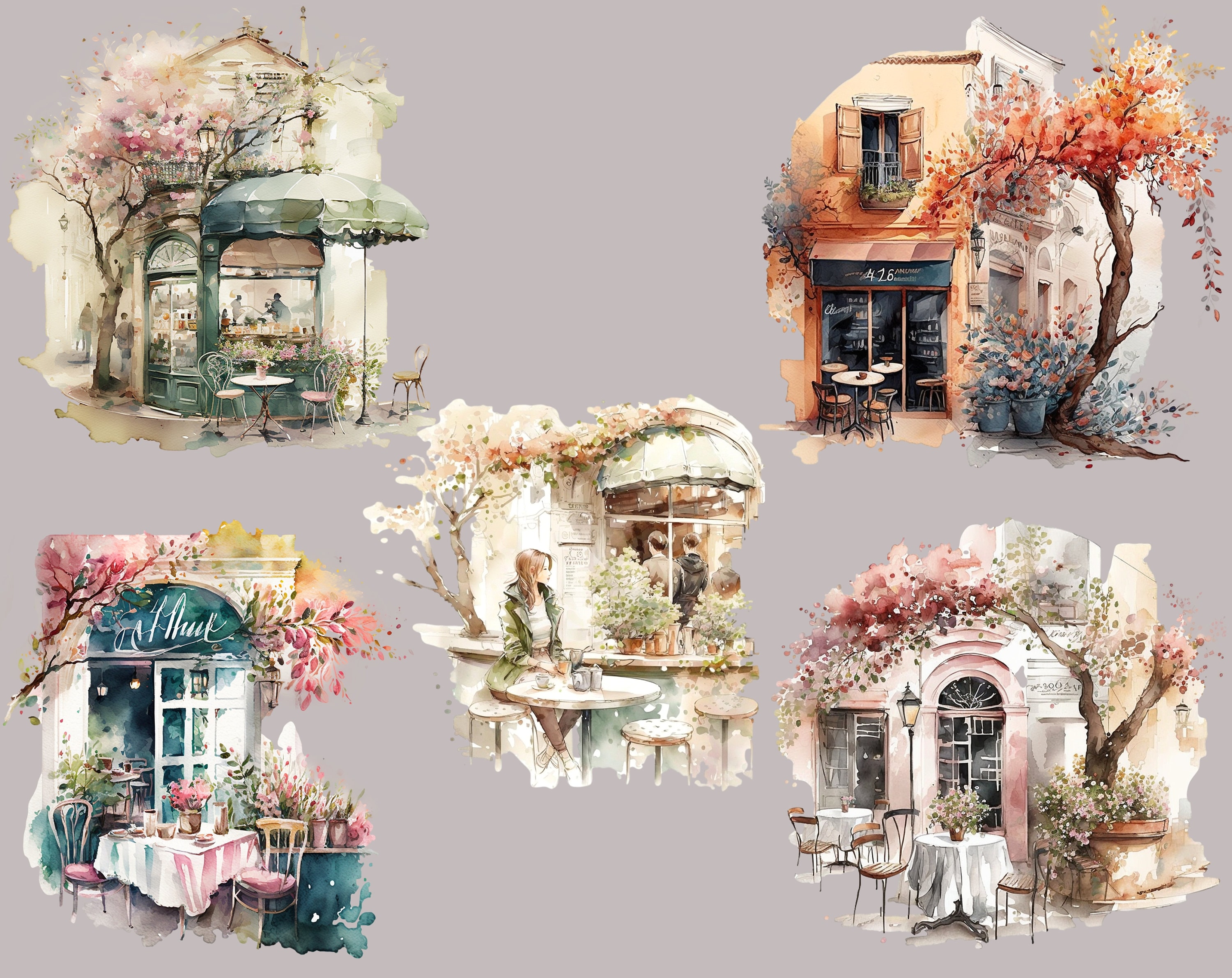 Spring Coffee Shop Clipart, Cafe Clip Art, Png. Digital Watercolor ...