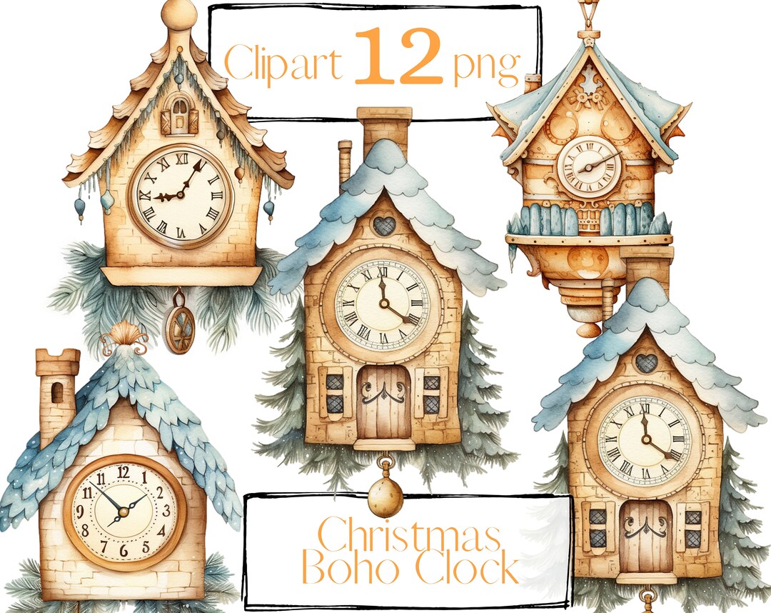 Boho Christmas Clock Clipart, Watercolor PNG (digital Download) - Etsy