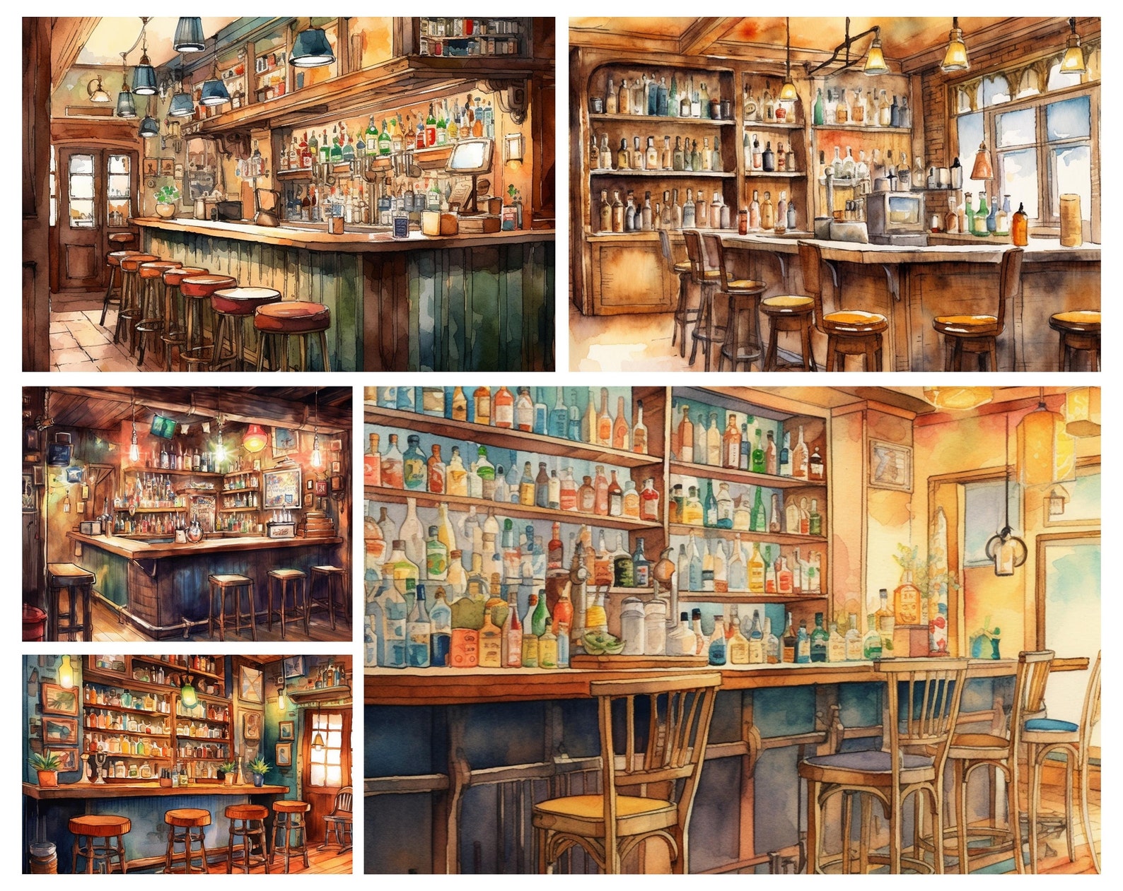 Bar Digital Paper, Cafe Digital Paper. Watercolor Scrapbook Paper for ...