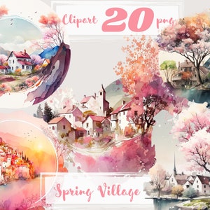 Spring Village Clipart, Pink Clip Art, Png. Digital Watercolor. Free ...