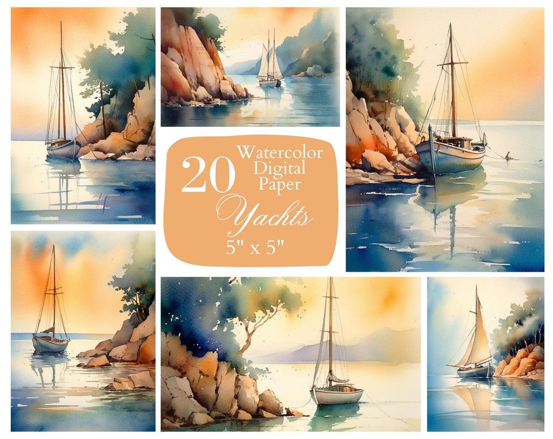 Beach Digital Paper, Yachts Digital Paper. Watercolor Scrapbook Paper ...