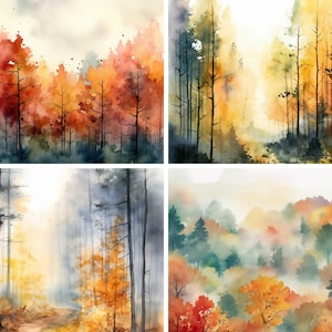 Autumn Forest Digital Paper, Foggy Fall Wood, Pattern. Watercolor ...