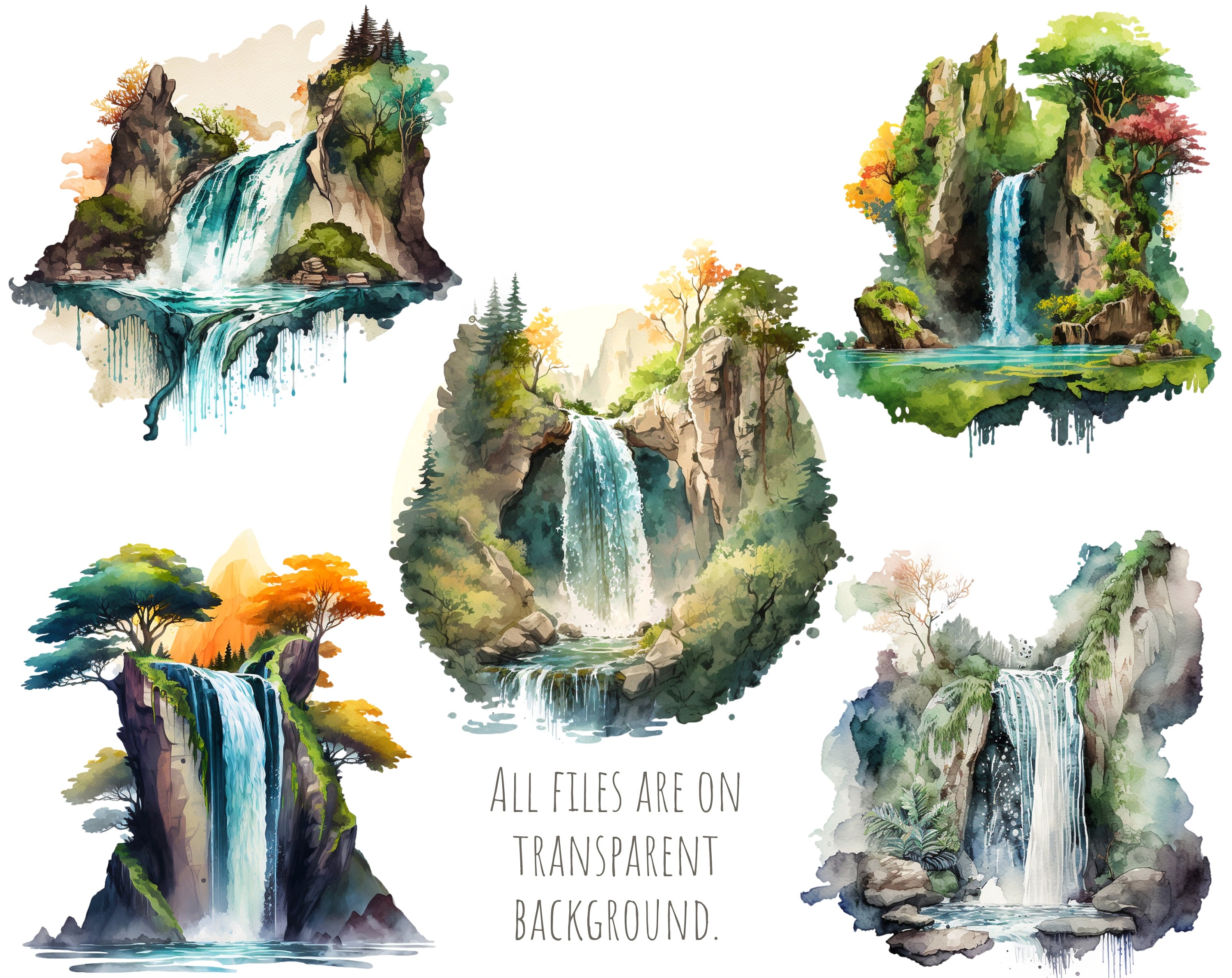 Imágenes prediseñadas de cascada png. Acuarela digital. Uso - Etsy España