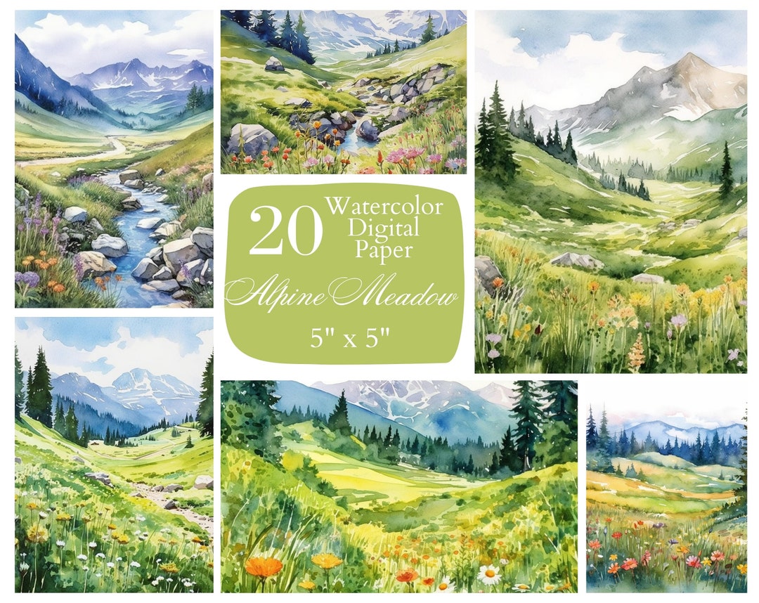 Alpine Meadow Digital Paper, Field, Flowers. Watercolor Scrapbook Paper ...