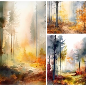 Autumn Forest Digital Paper, Foggy Fall Wood, Pattern. Watercolor ...
