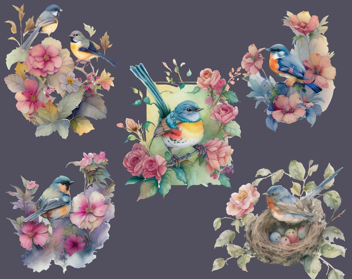 Spring Bird Clipart, Floral Clip Art, Png. Watercolor Clipart. Free ...