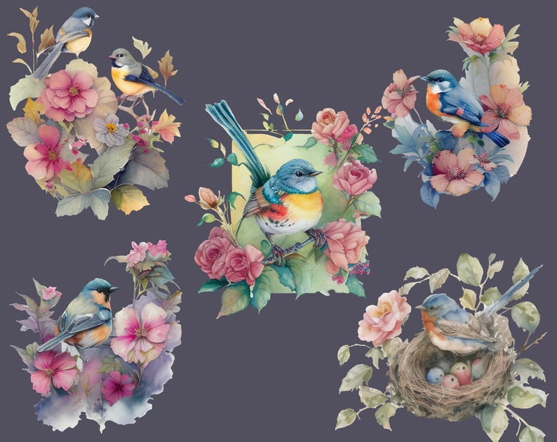 Spring Bird Clipart, Floral Clip Art, Png. Watercolor Clipart. Free ...