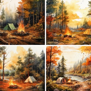 Autumn Digital Paper, Camping Paper, Landscape Clipart. Watercolor ...