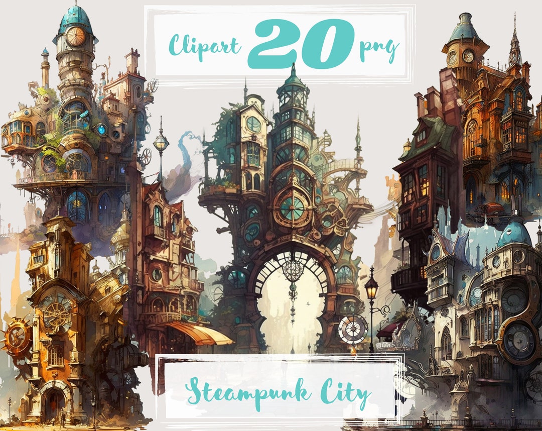 Steampunk City Clipart. Vintage Clipart, Retro Clip Art, Boho Town ...