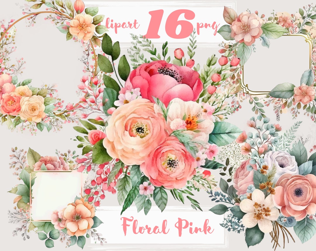 Pink Floral Clipart, Wreath Clip Art, Flower Frame, Boho Bouquets ...