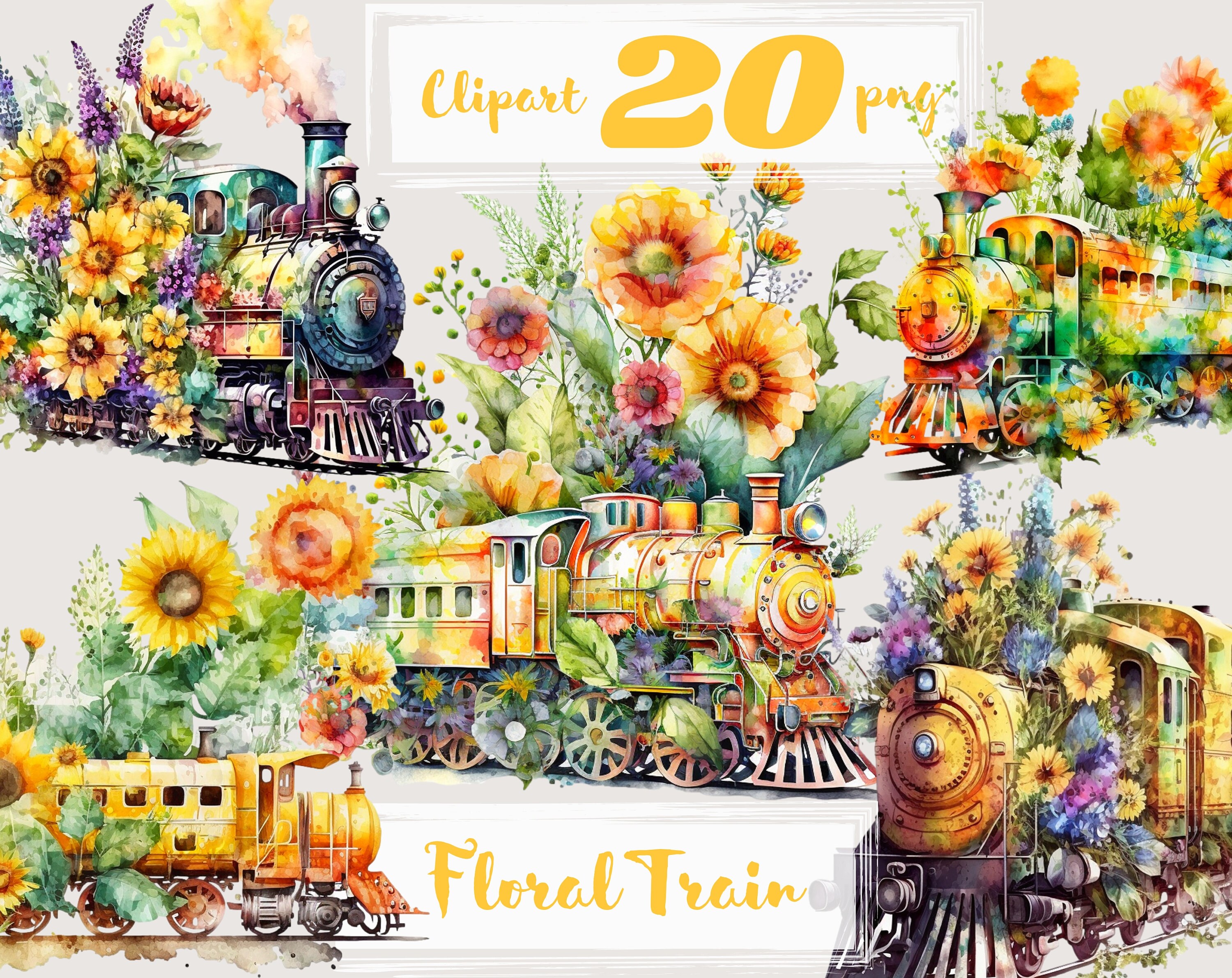 Watercolor Retro Train Clipart. Vintage Clipart Retro Clip - Etsy