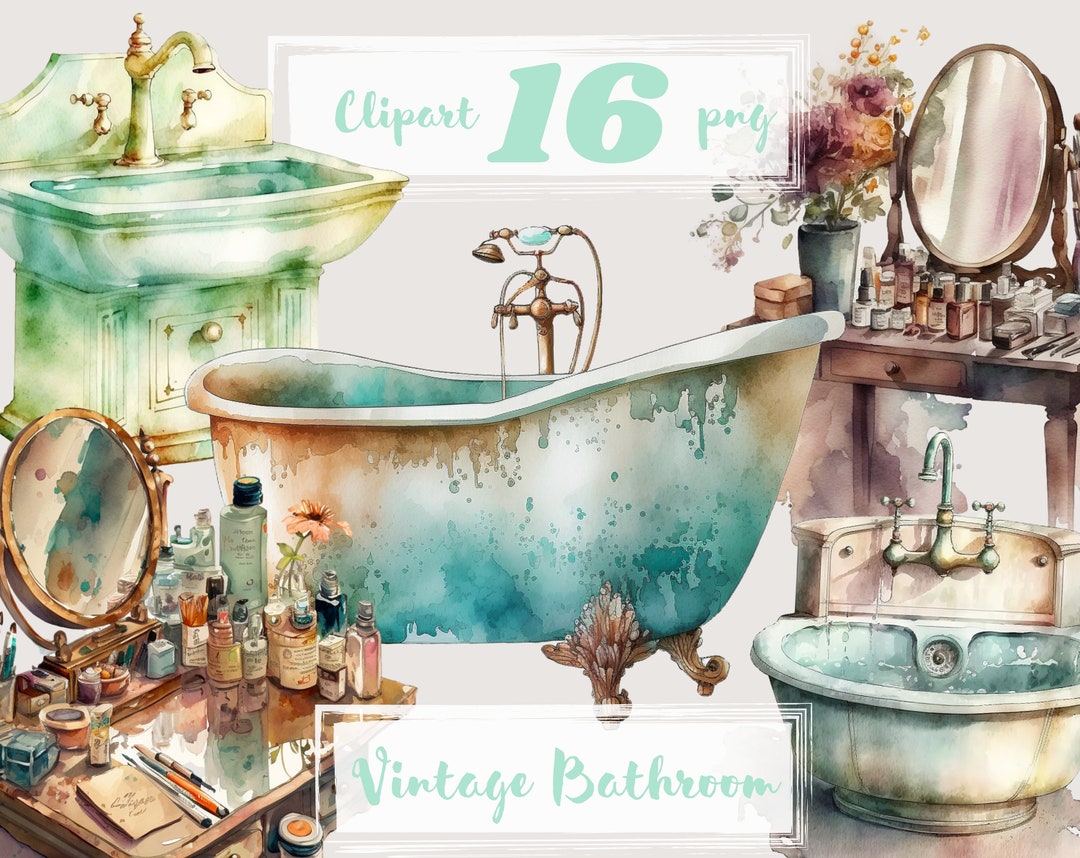 Bathroom Clipart, Png. Retro Bathroom. Bath Clipart. Digital Watercolor ...