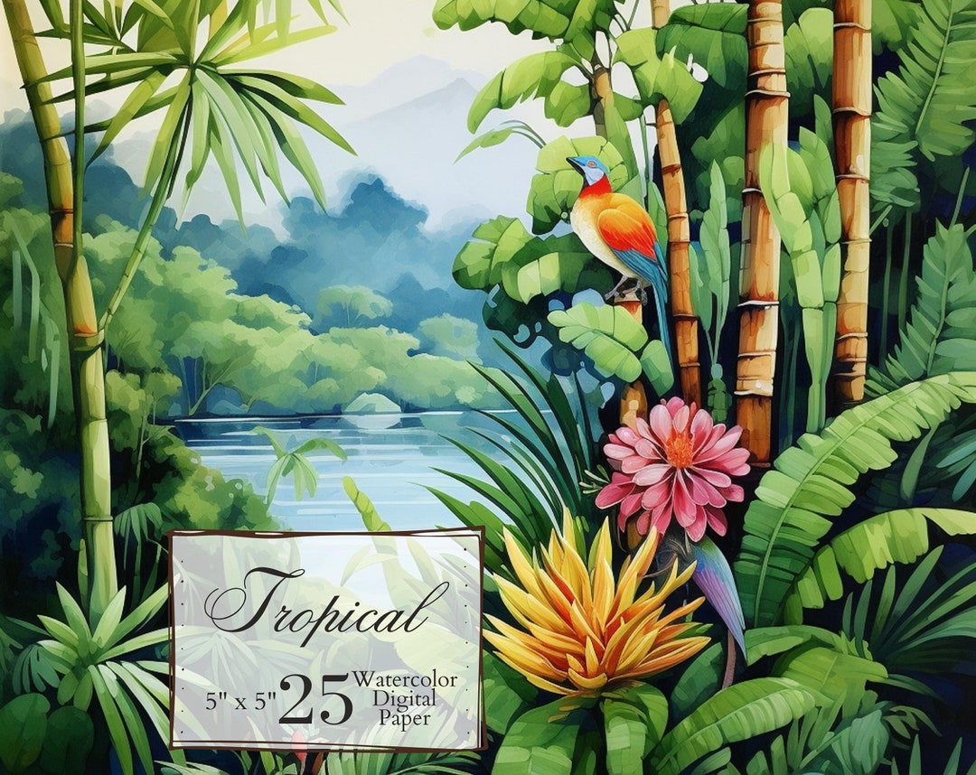 Tropical Digital Paper, Tropical Forest. Watercolor Scrapbook Paper for ...