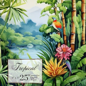 Tropical Digital Paper, Tropical Forest. Watercolor Scrapbook Paper for ...