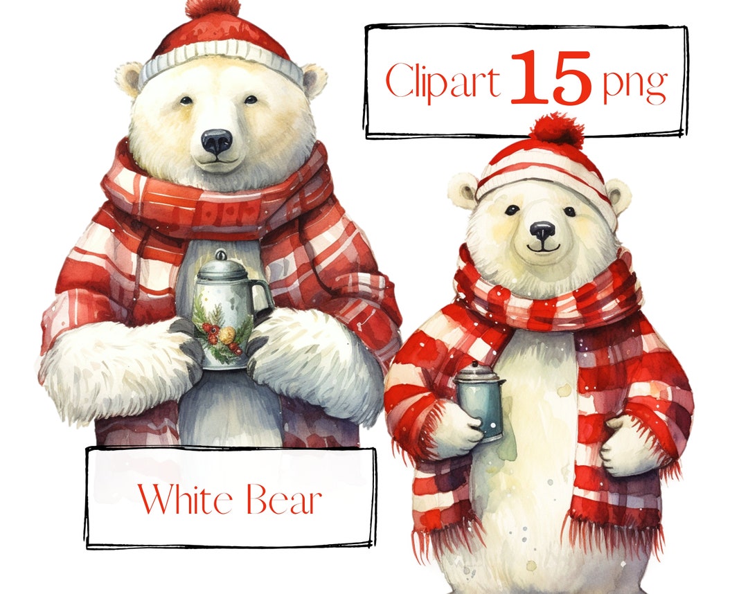 White Bear Clipart, Christmas Clipart. Winter PNG Bundle. Watercolor ...
